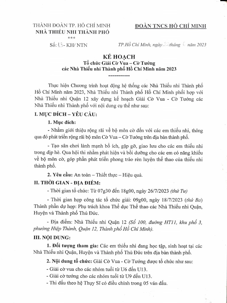 KẾ HOẠCH TỔ CHỨC GIẢI CỜ VUA CỜ TƯỚNG CÁC NTN TP HCM NĂM 2023 | PDF