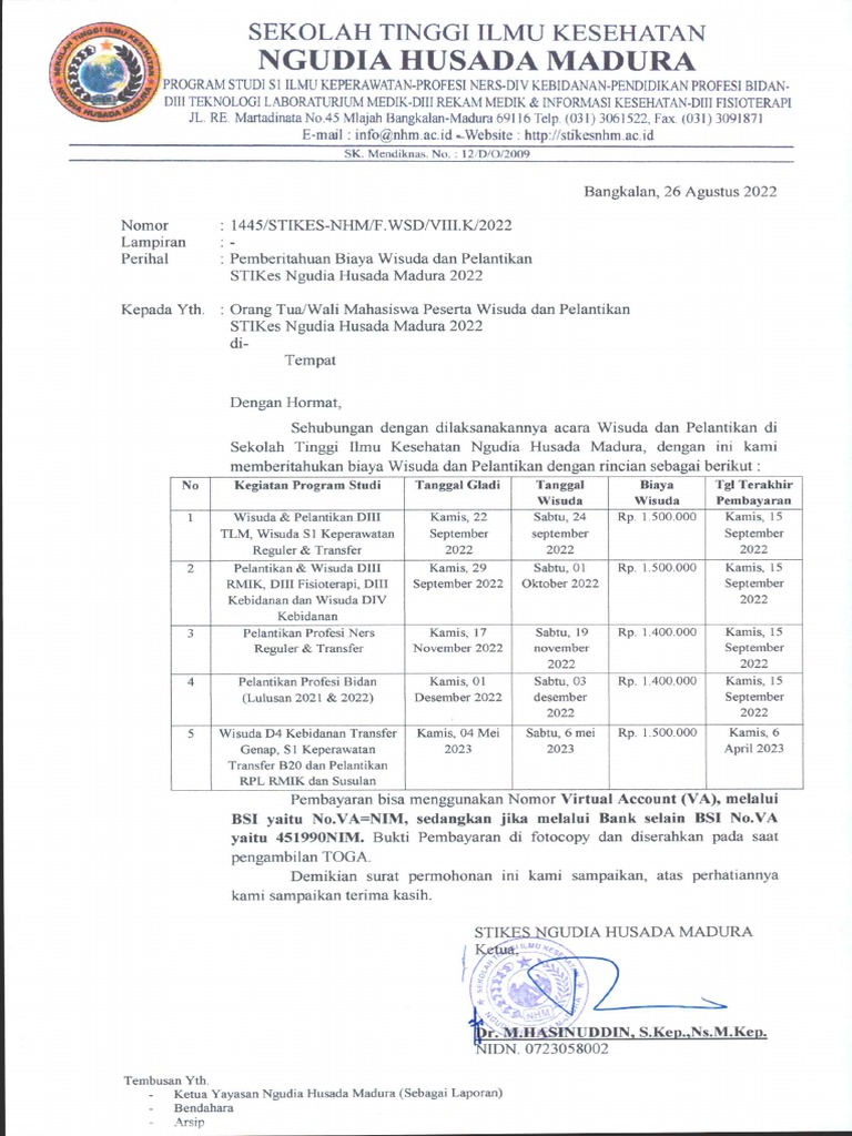 Surat Pemberitahuan Biaya Wisuda Tahun 2022 | PDF