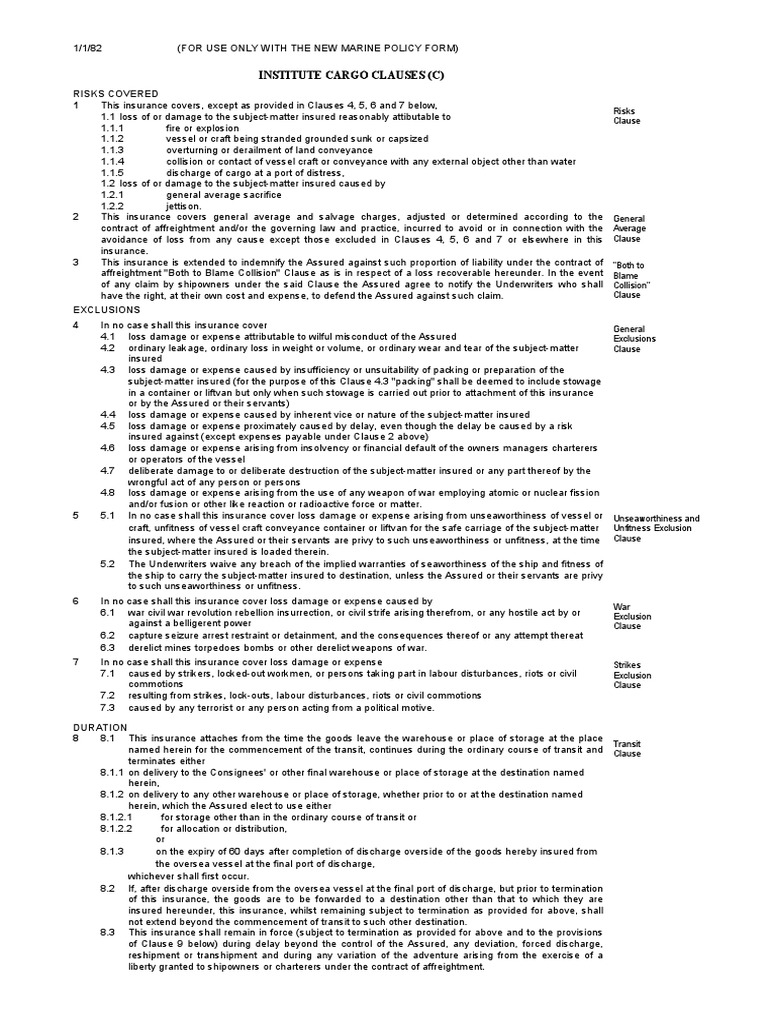 Institute Cargo Clauses (C) Overview | PDF | Insurance | Legal Concepts