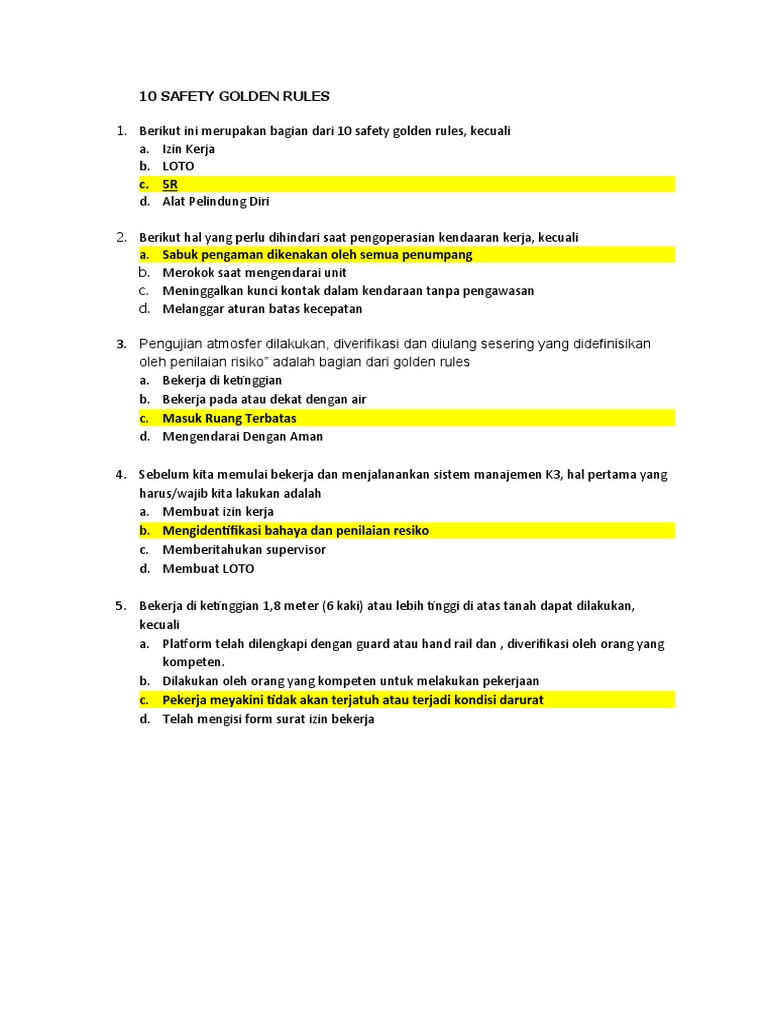Soal 10 Safety Golden Rules | PDF