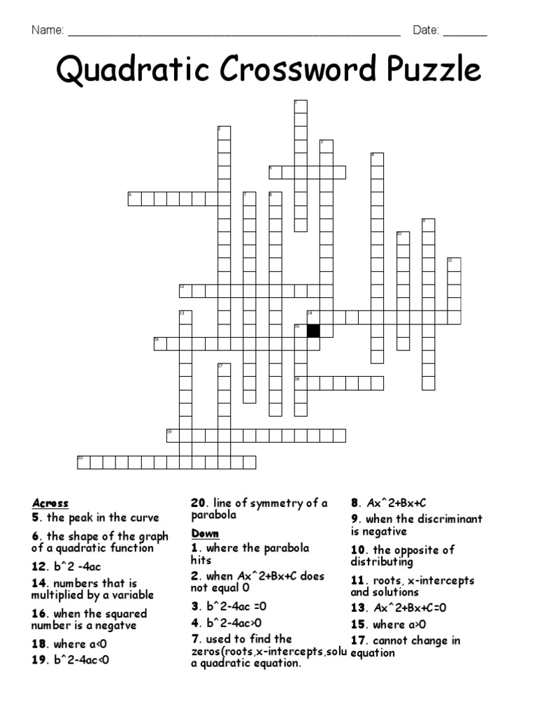 Quadratic Functions Crossword Puzzle | PDF