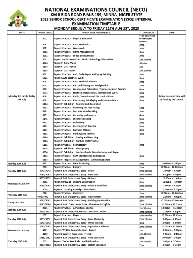 2023 Ssce Internal Timetable | PDF | Paper | Plumbing