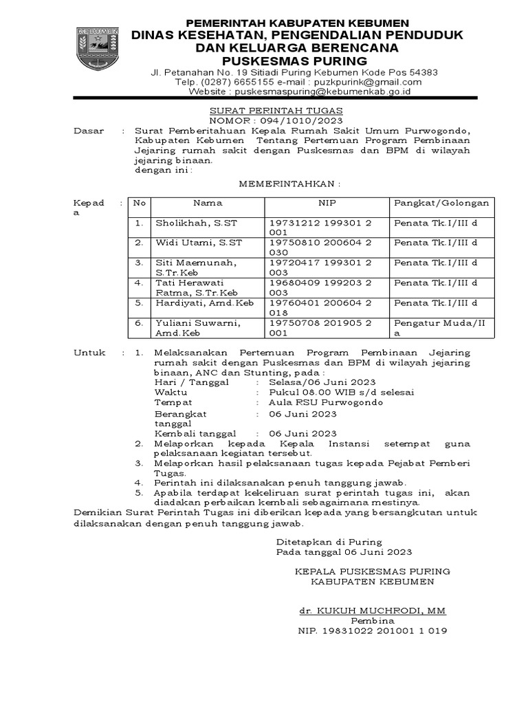 Contoh Surat Perintah Tugas | PDF