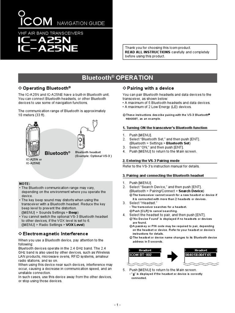 Icom - IC A25N Navigation Guide 4pg | PDF | Bluetooth | Navigation