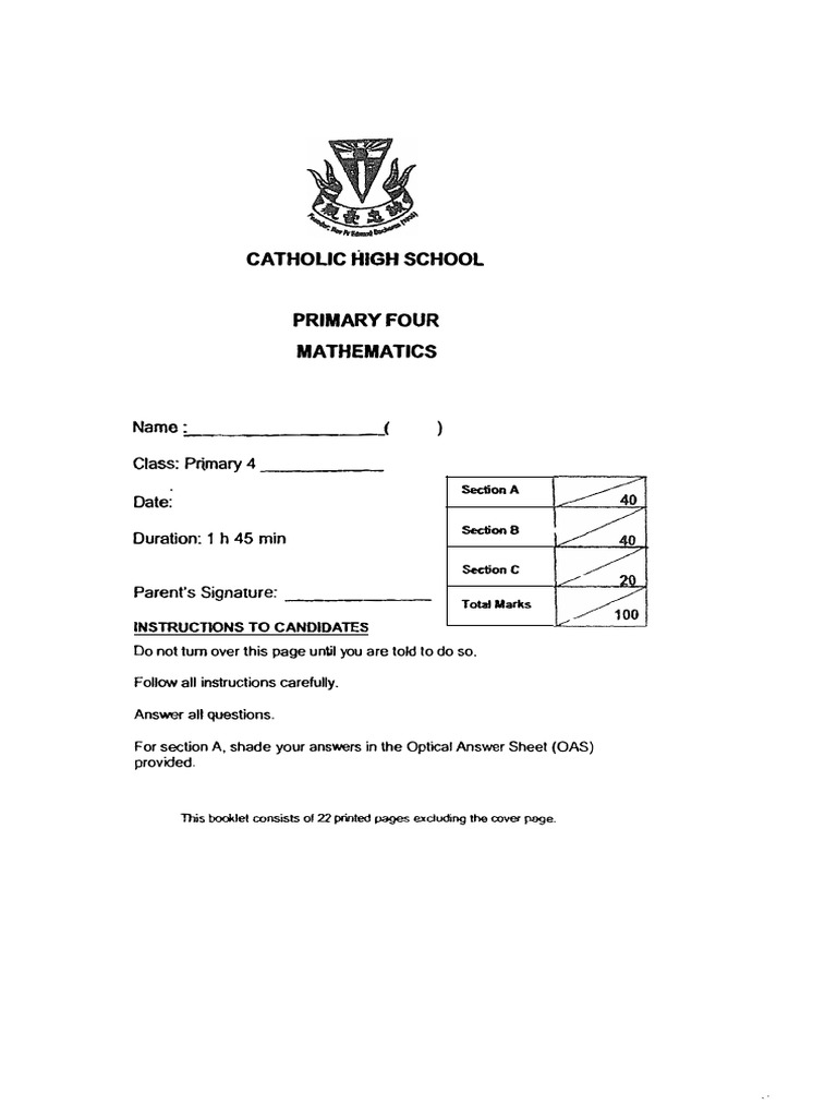P4 Maths SA2 2021 CatholicHigh Exam Papers | PDF