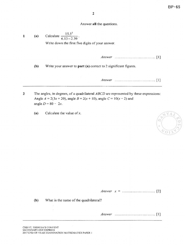 Sec 1 Math CHIJ ST Theresa Sec SA2 2017 | PDF | Volume | Elementary ...