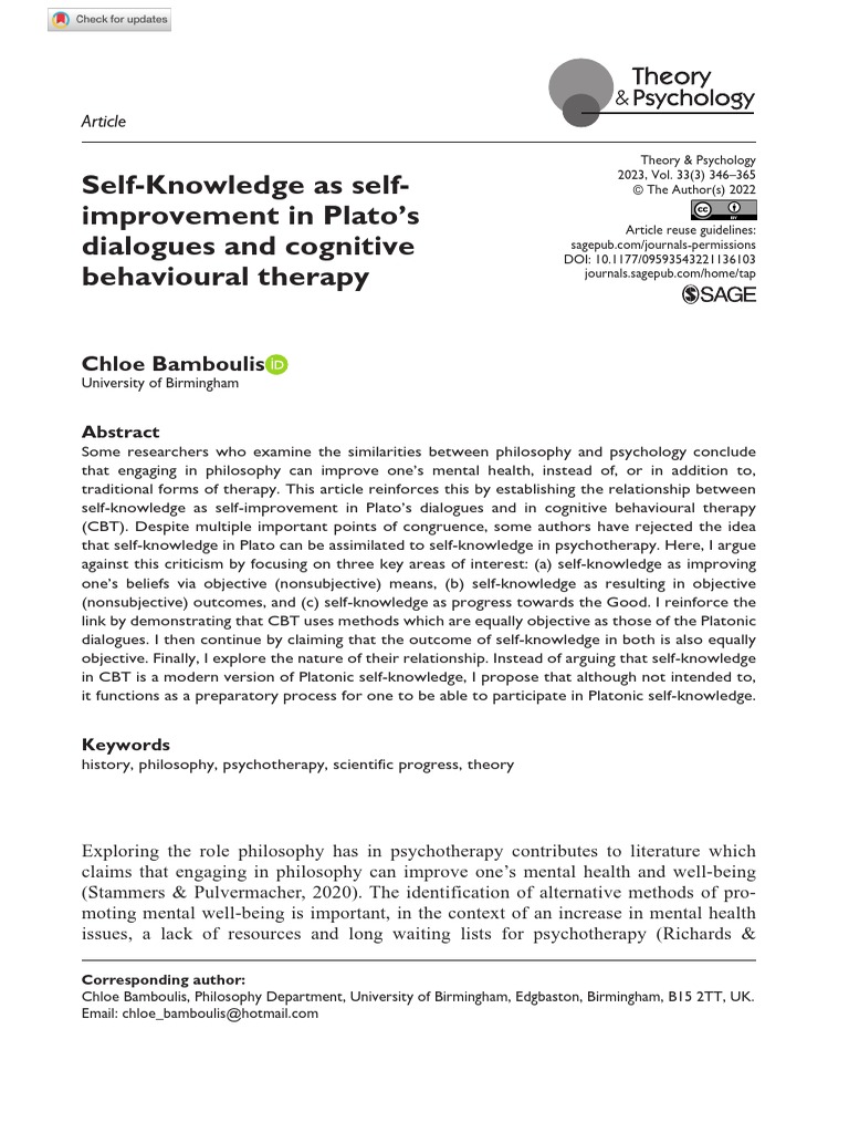 Self-Knowledge As Self-Improvement in Plato's Dialogues and Cognitive ...