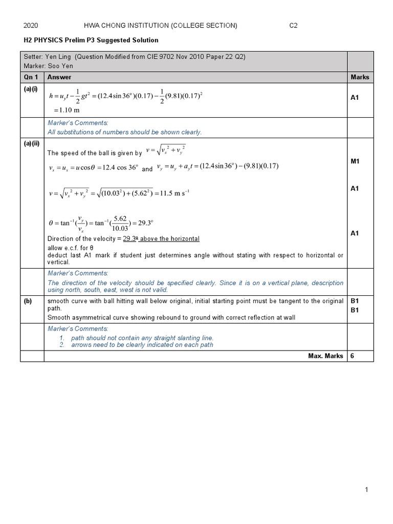 2020 HCI Prelim H2 Physics 9749 P3 MS - Soln - Comment | PDF | Force | Acceleration