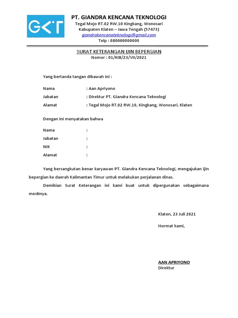 Surat Keterangan Ijin Bepergian | PDF