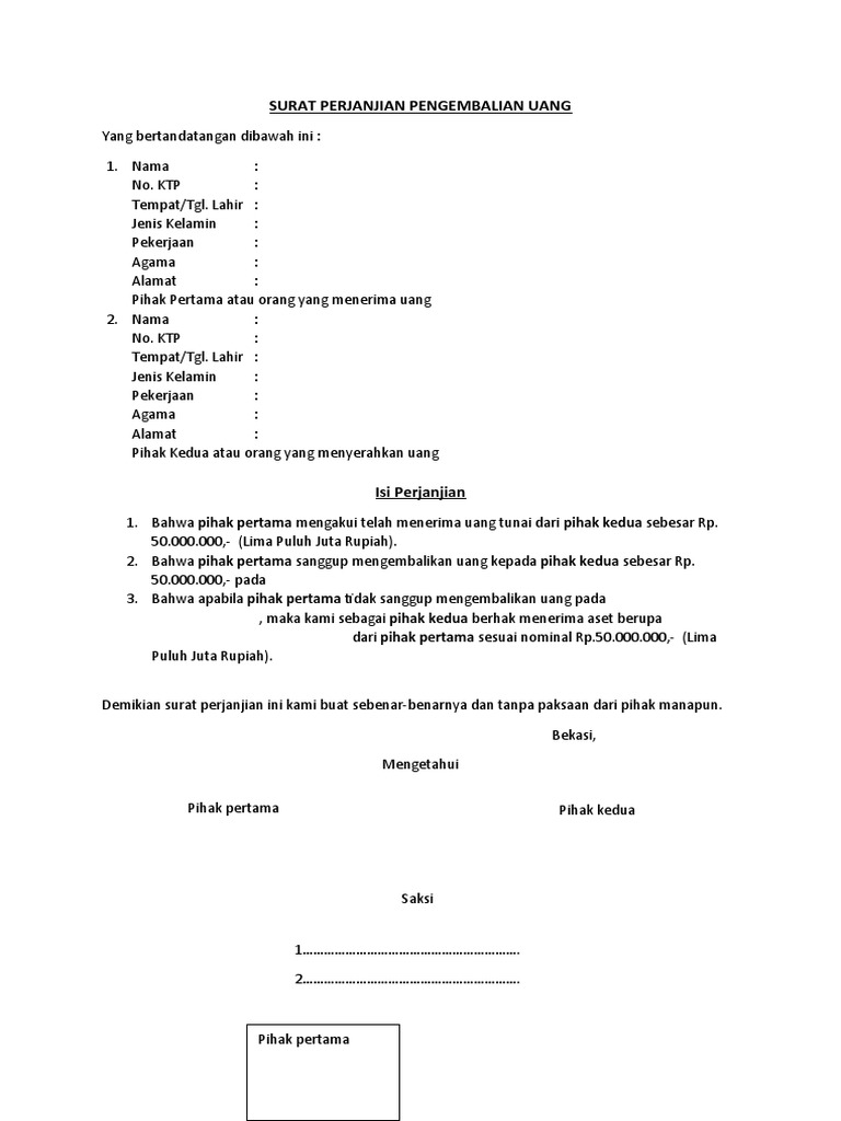 Surat Perjanjian Pengembalian Uang | PDF