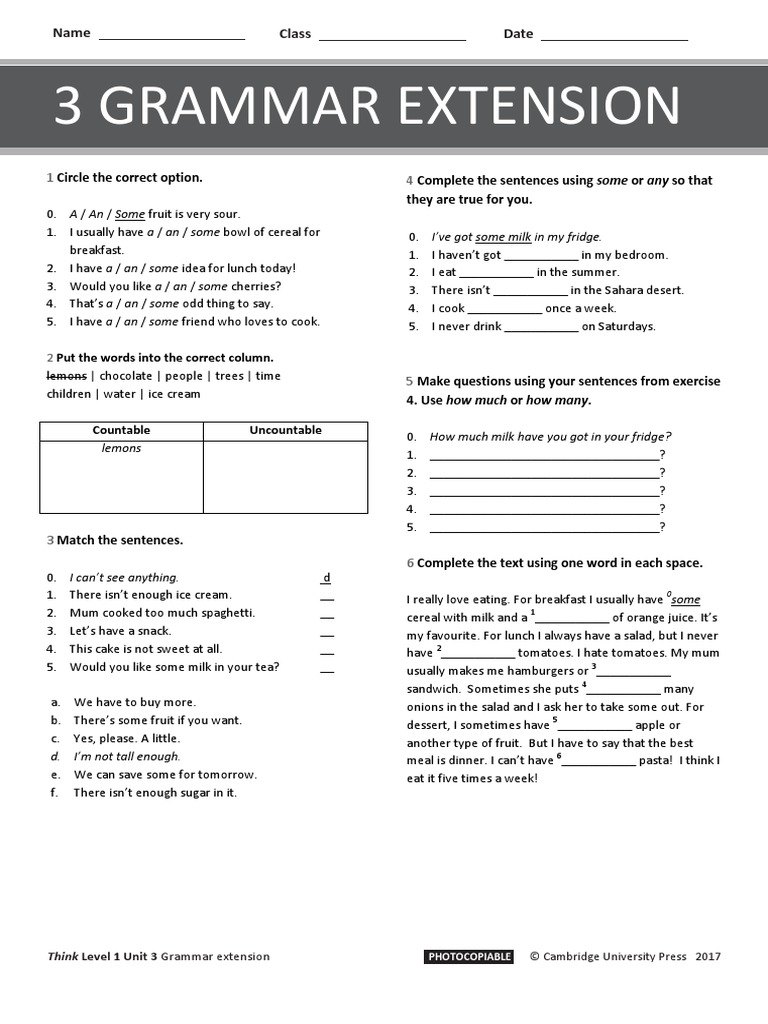 Think Level 1 Unit 3 Grammar Test | PDF | Lunch | Food And Drink ...