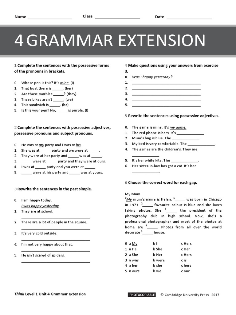 THINK L1 Unit 4 Grammar Extension | PDF | Linguistic Typology ...