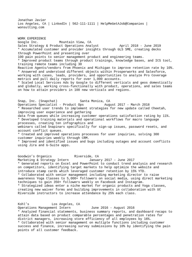 Jonathan Javier's Professional Resume | PDF | Customer Relationship Management | Business