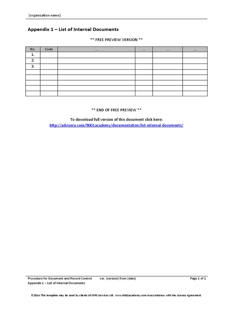 03.1 Appendix 1 List of Internal Documents Preview en | PDF | Business