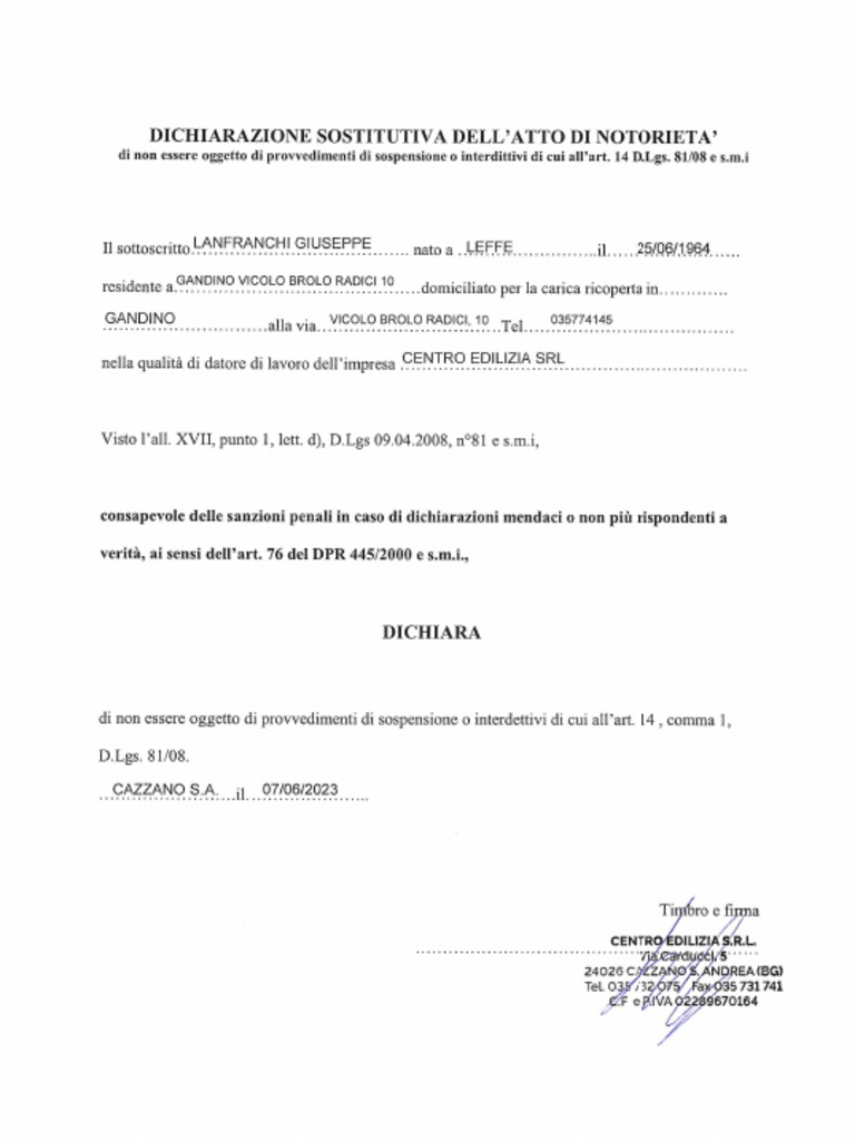 Dichiarazione Sostitutiva Dell'atto Di Notorieta' | PDF