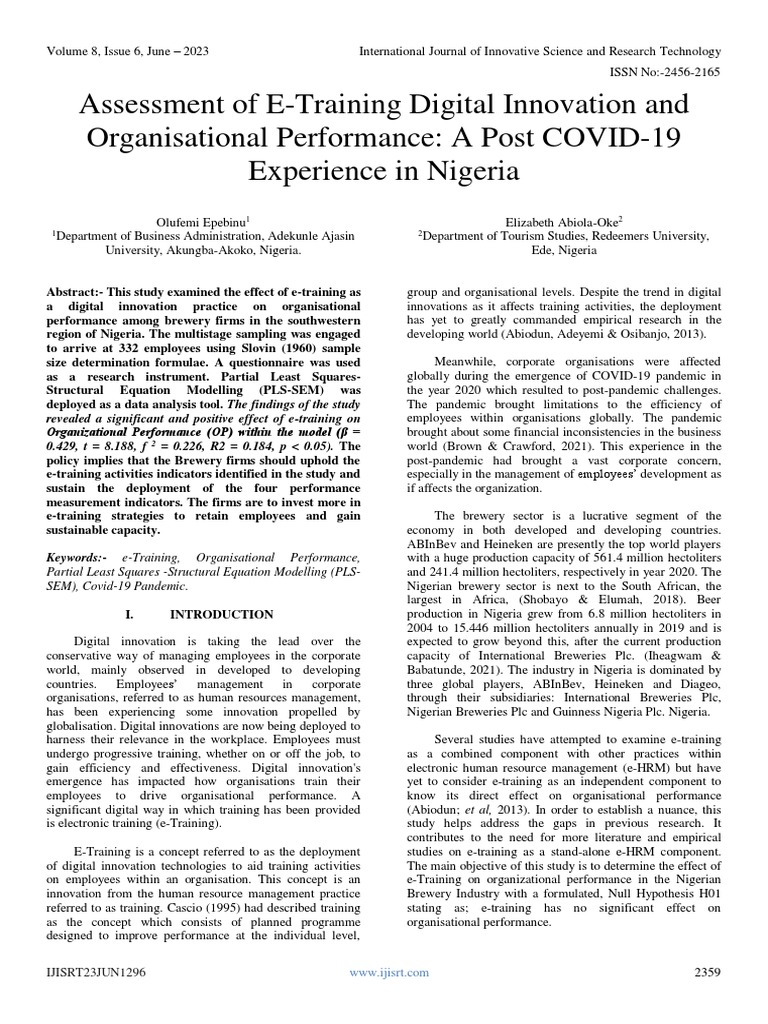 Assessment of E-Training Digital Innovation and Organisational Performance: A Post COVID-19 ...