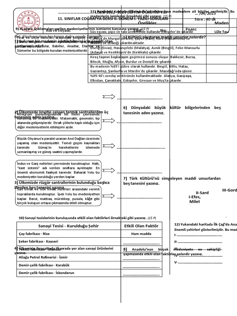 11 Sinif 2 Donem 1 Yazili 2023 | PDF