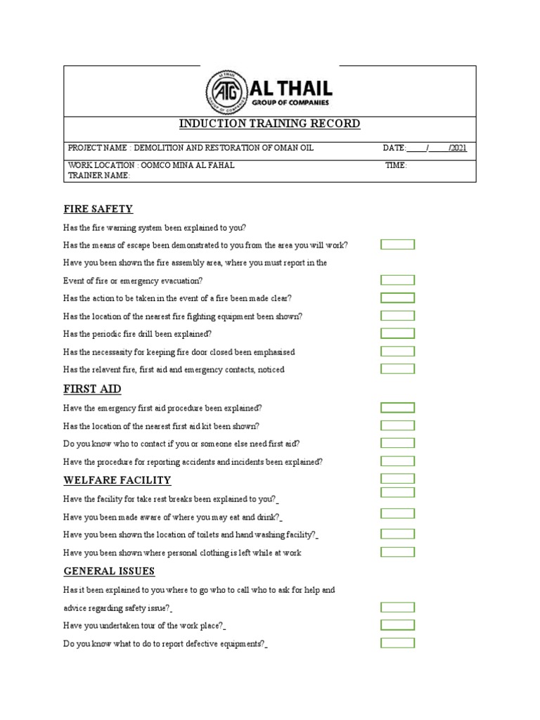 Induction Training Record | PDF