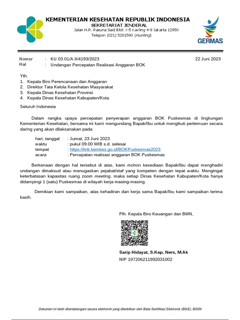 Undangan Percepatan Realisasi Anggaran BOK | PDF
