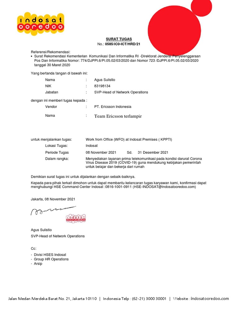 Surat Tugas (Assignment Letter) PT. Ericsson Indonesia | PDF