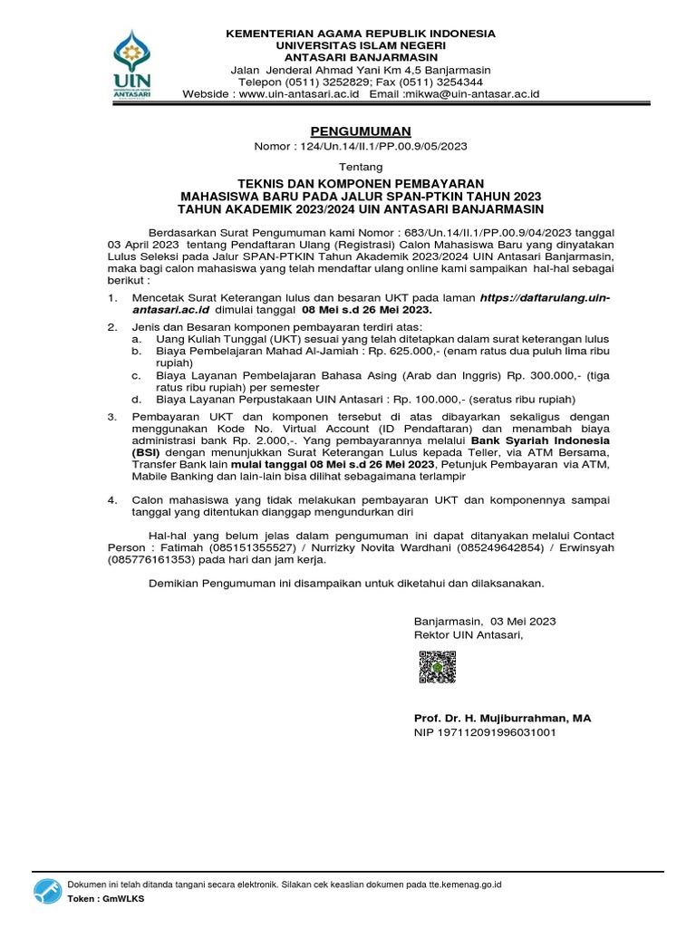 Pengumuman Teknis Pembayaran Ukt Span Ptkin 2023 Gmwlks | PDF