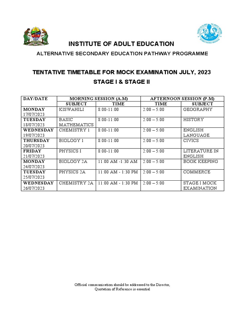Mock Exam Timetable for July 2023 | PDF