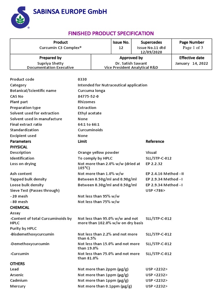 Curcumin C3 (50292) Sami-Labs Kunigal - Specification (F) | PDF | High ...