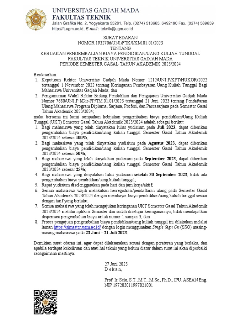 SE Dekan Tentang Kebijakan Pengembalian Biaya Pendidikan UKT FT UGM Semester Gasal TA 2023 2024 ...
