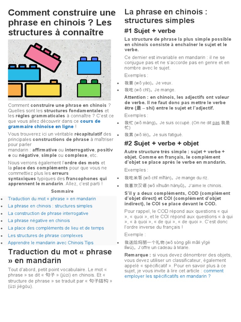 Comment Construire Une Phrase en Chinois | PDF | Sujet (Grammaire) | Phrase