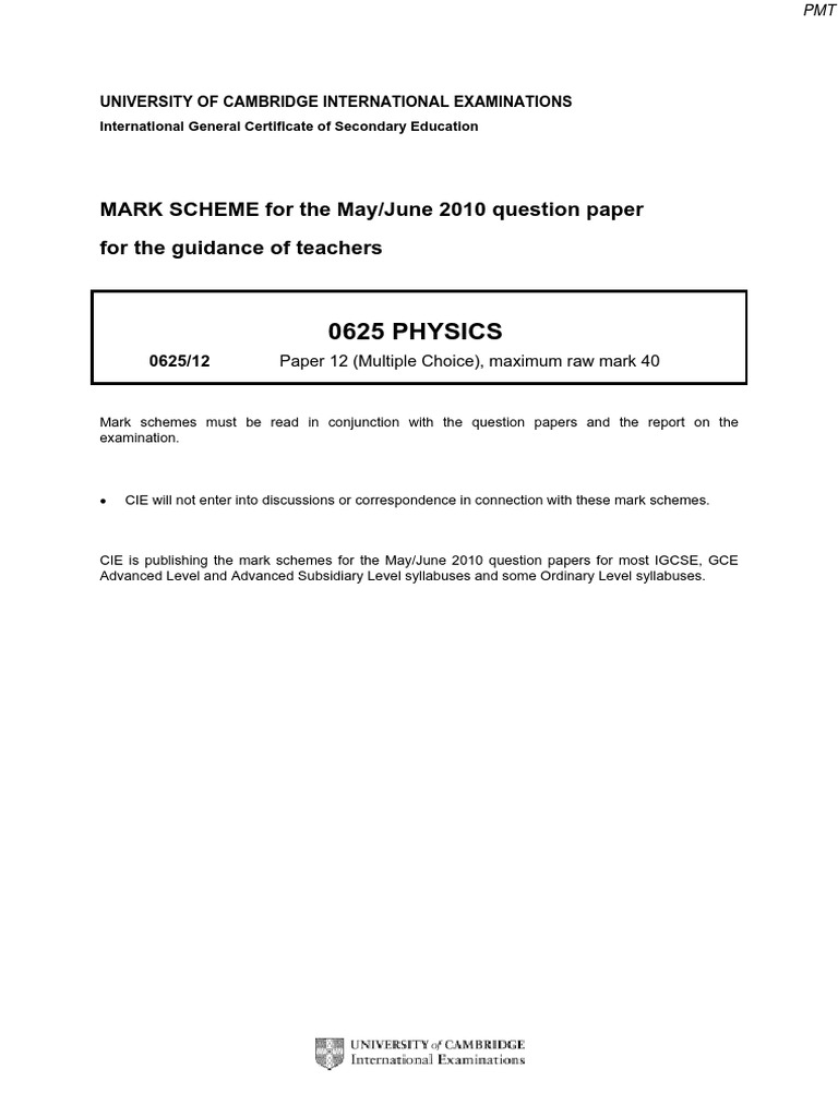 June 2010 (v2) MS - Paper 1 CIE Physics IGCSE | PDF | Educational ...