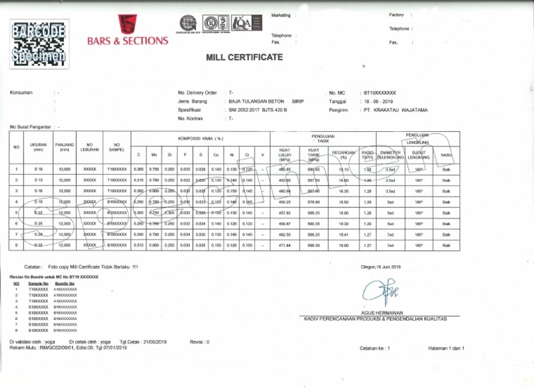 Item #43 & #44 - Sample Mill Cert Besi Beton KS | PDF
