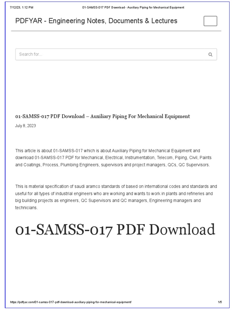 Auxiliary Piping Specification 01-SAMSS-017 | PDF | Pipe (Fluid ...