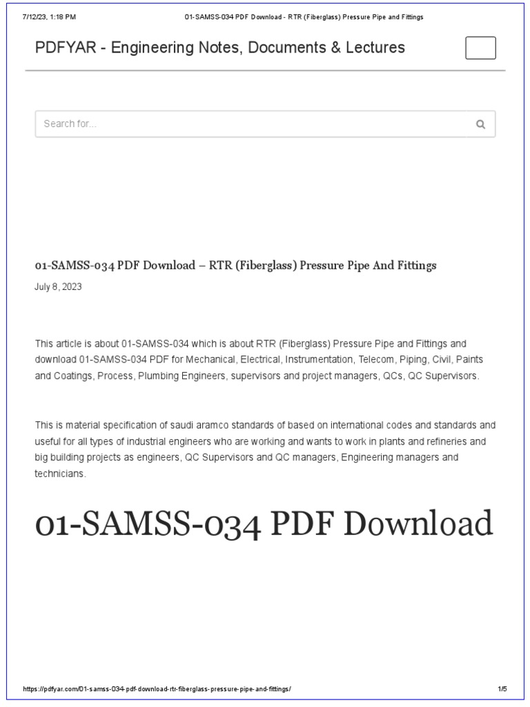01-SAMSS-034 PDF Download - RTR (Fiberglass) Pressure Pipe and Fittings | Download Free PDF ...