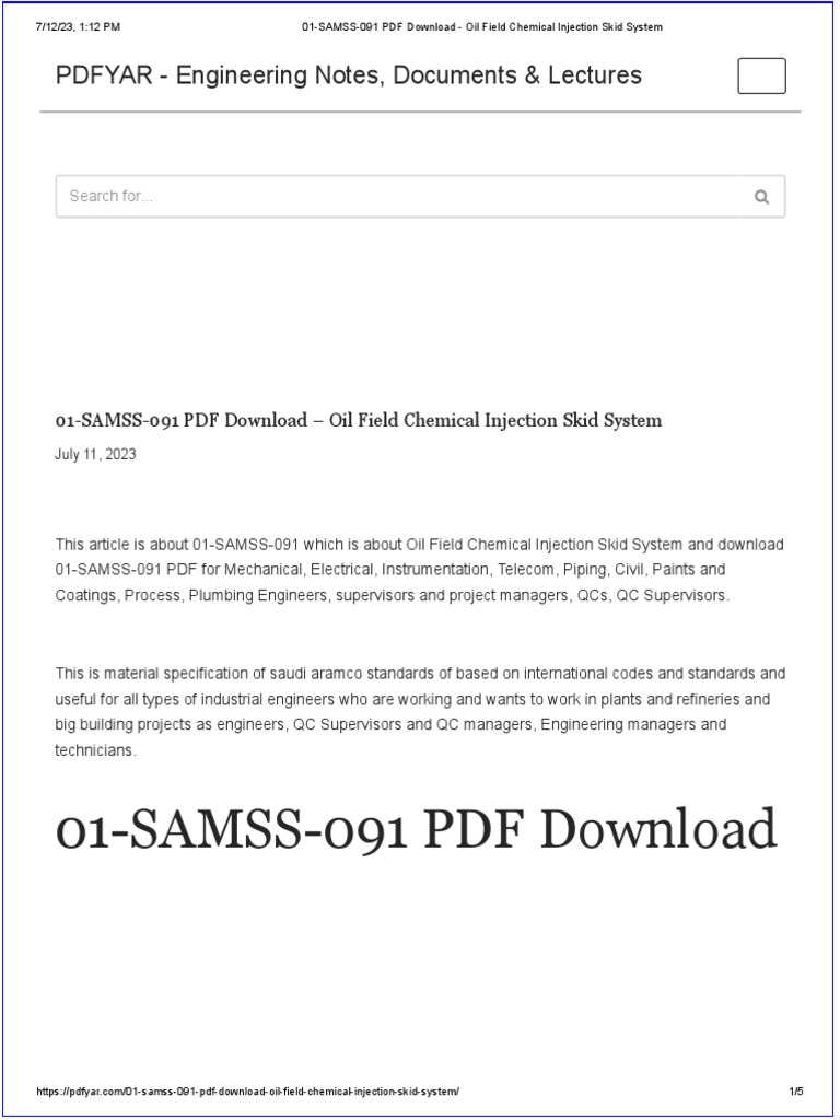 01-SAMSS-091 PDF Download - Oil Field Chemical Injection Skid System | PDF | Pipe (Fluid ...