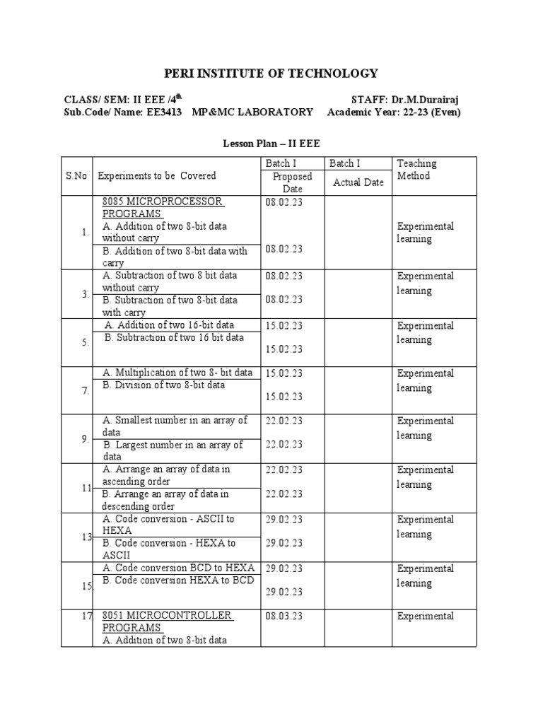 MPMC LAB (EE3413) Lesson Plan - II EEE | PDF | Microprocessor | Office Equipment
