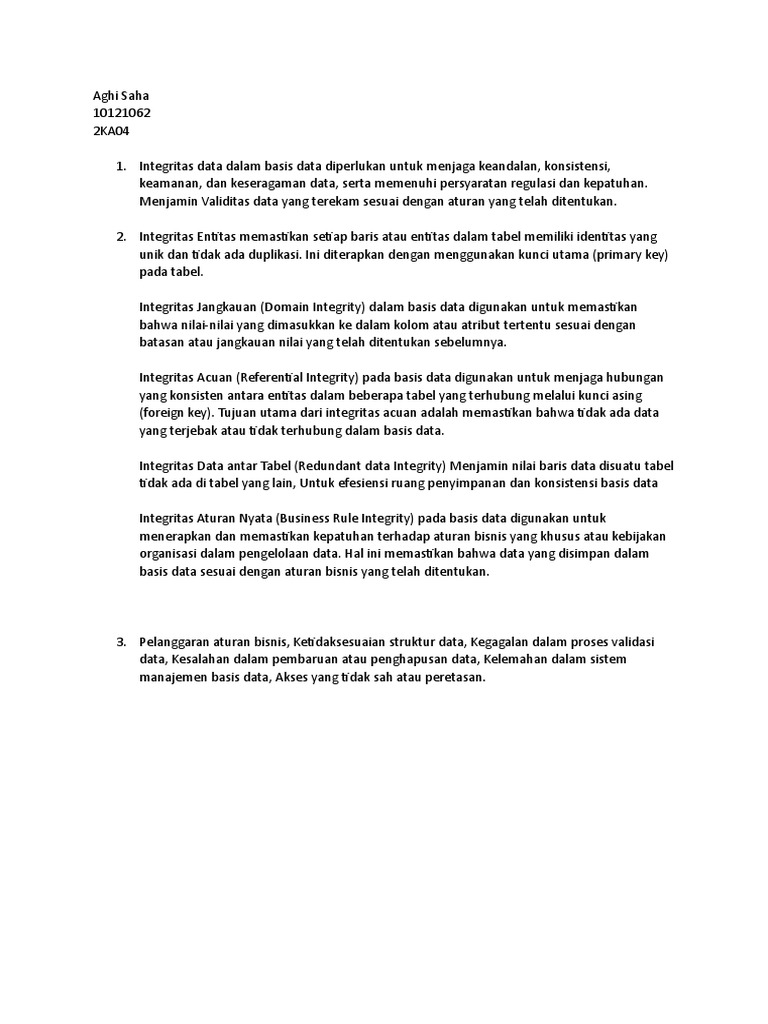 Aghi Saha - Tugas 2 - Integritas Basis Data | PDF