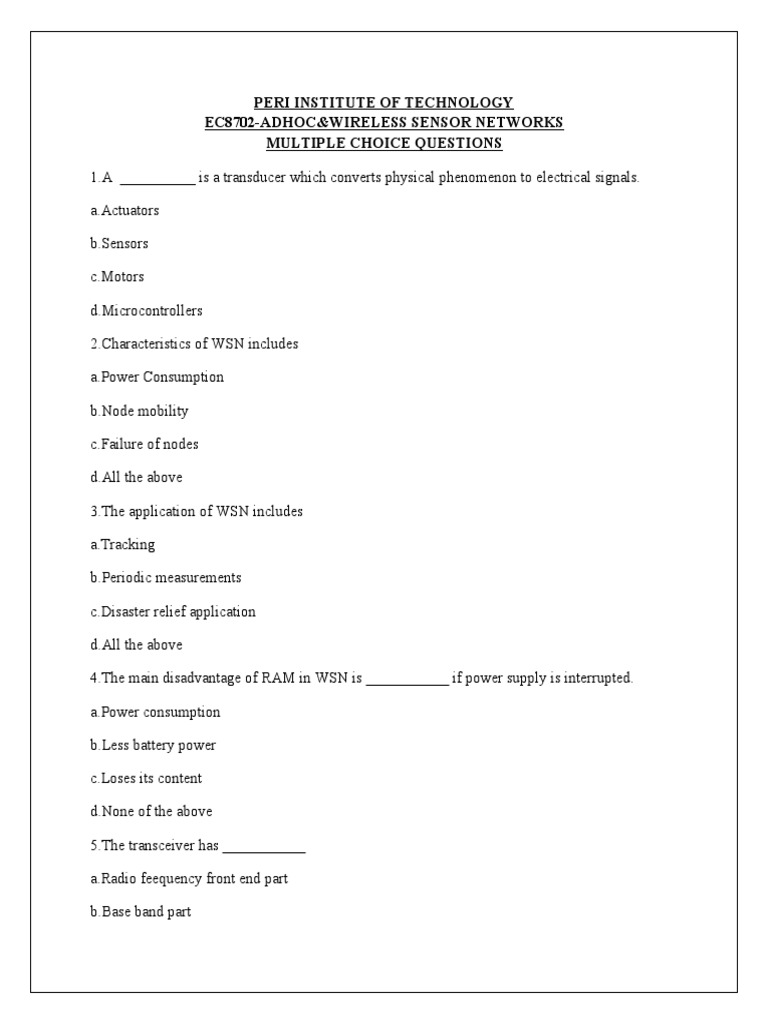UNIT 2 MCQ-AWSN Obj | PDF | Wireless Sensor Network | Computer Network