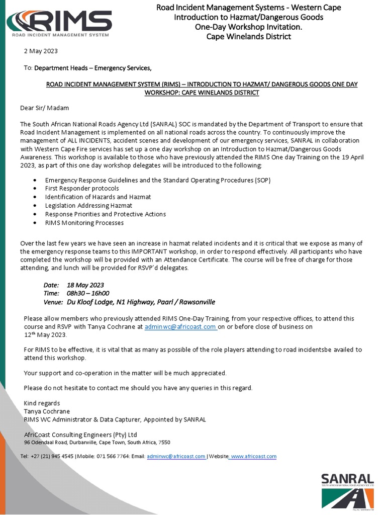 RIMS WC - RIMS HAZMAT Invitation - C Winelands 18 May 2023 | PDF ...