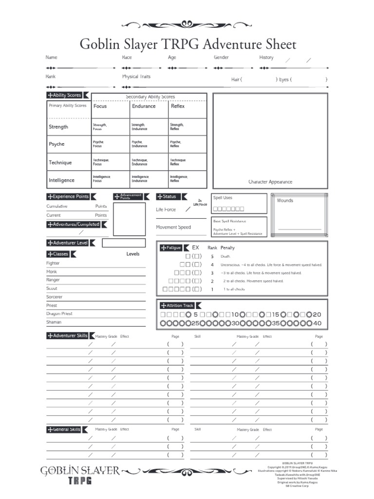 Goblin Slayer TRPG Character Sheet - 1 | PDF