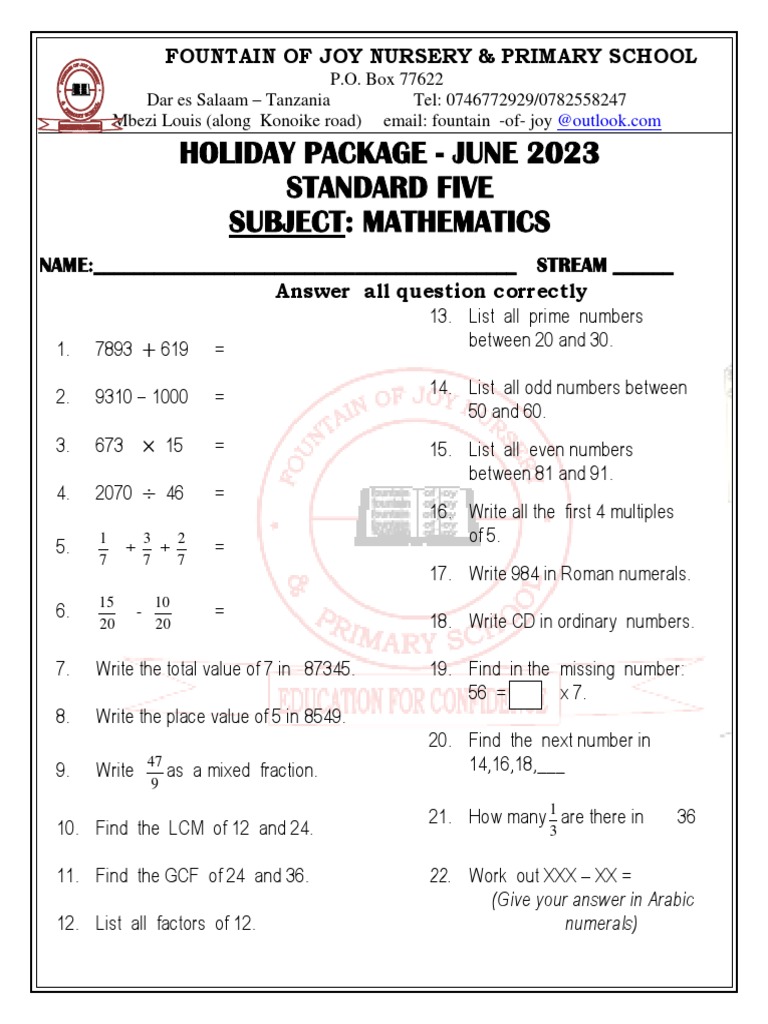 Holiday Package for Standard Five 2023 | PDF | Tanzania | East Africa