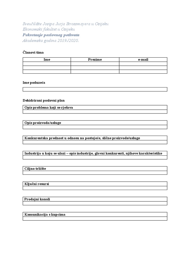 PPP Obrazac Za Izradu Dehidriranog Poslovnog Plana 2019 20 | PDF