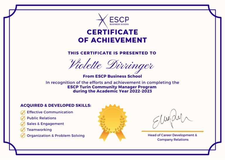 ESCP Community Manager Program Certificate | PDF | Career & Growth ...