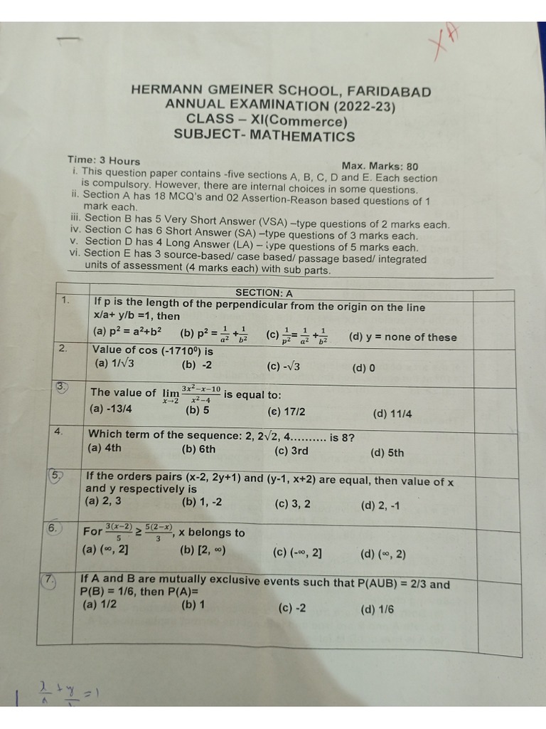 CLASS 11 MATHS QUESTION PAPER (Commerce) | PDF