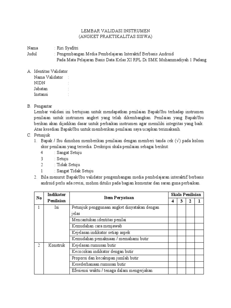 Lembar Validasi Instrumen Siswa | PDF