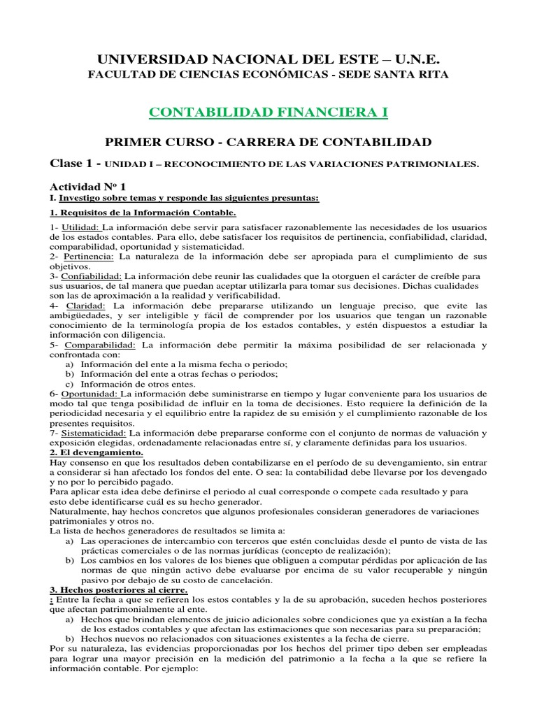 Actividad 1 Unidad I - Contabilidad 1º Contab. | PDF | Contabilidad | Estado financiero