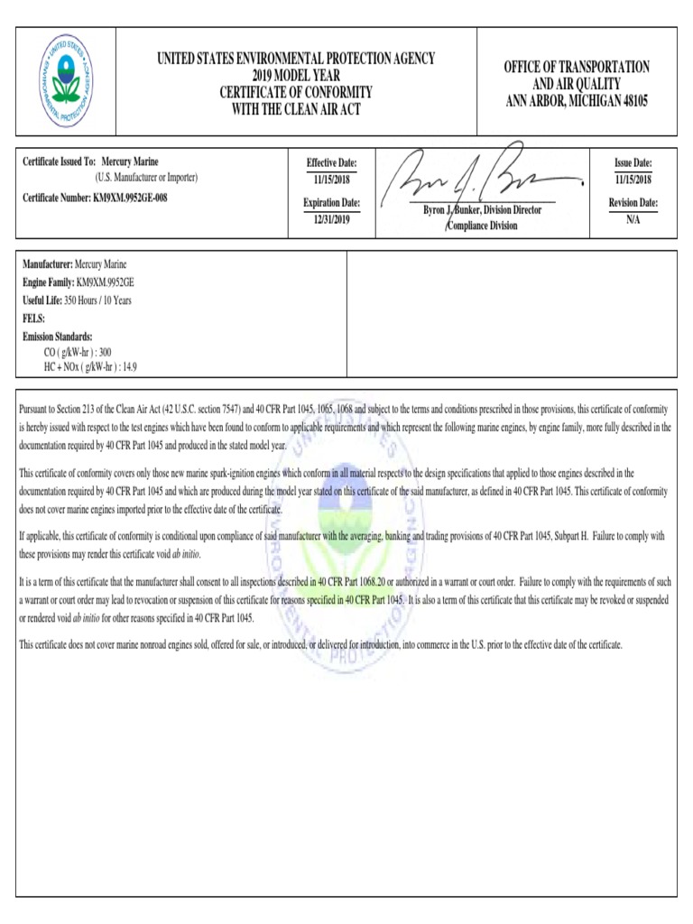 Mercury Marine 2019 EPA Conformity Certificate | PDF | Clean Air Act ...