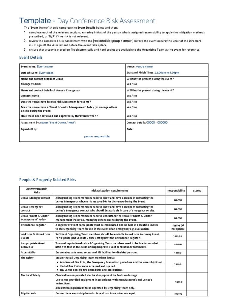 Conference Risk Assessment Template | PDF | Food Safety | Risk