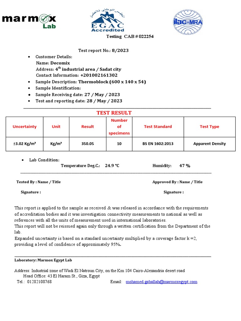 Apparent Density Test Report 8-2023 | PDF | Laboratories | Science