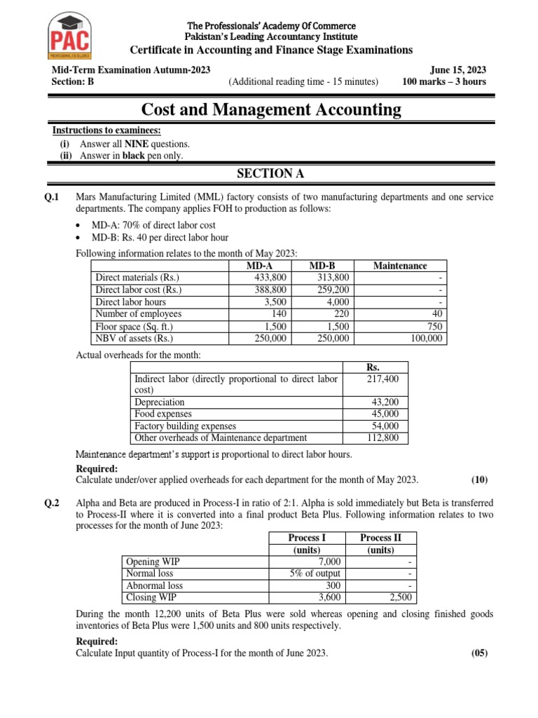Final CMAC (NA) Midterm Q.Paper Aut-23 | PDF | Inventory | Cost