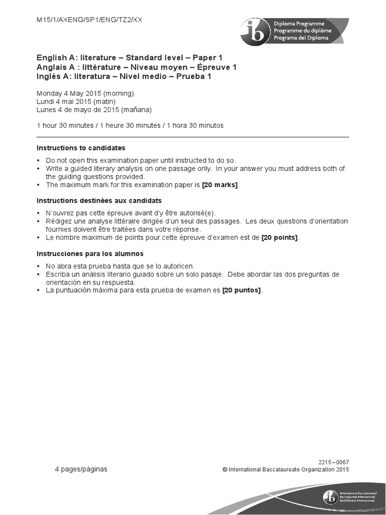 English A: Literature - Standard Level - Paper 1 Anglais A: Littérature ...